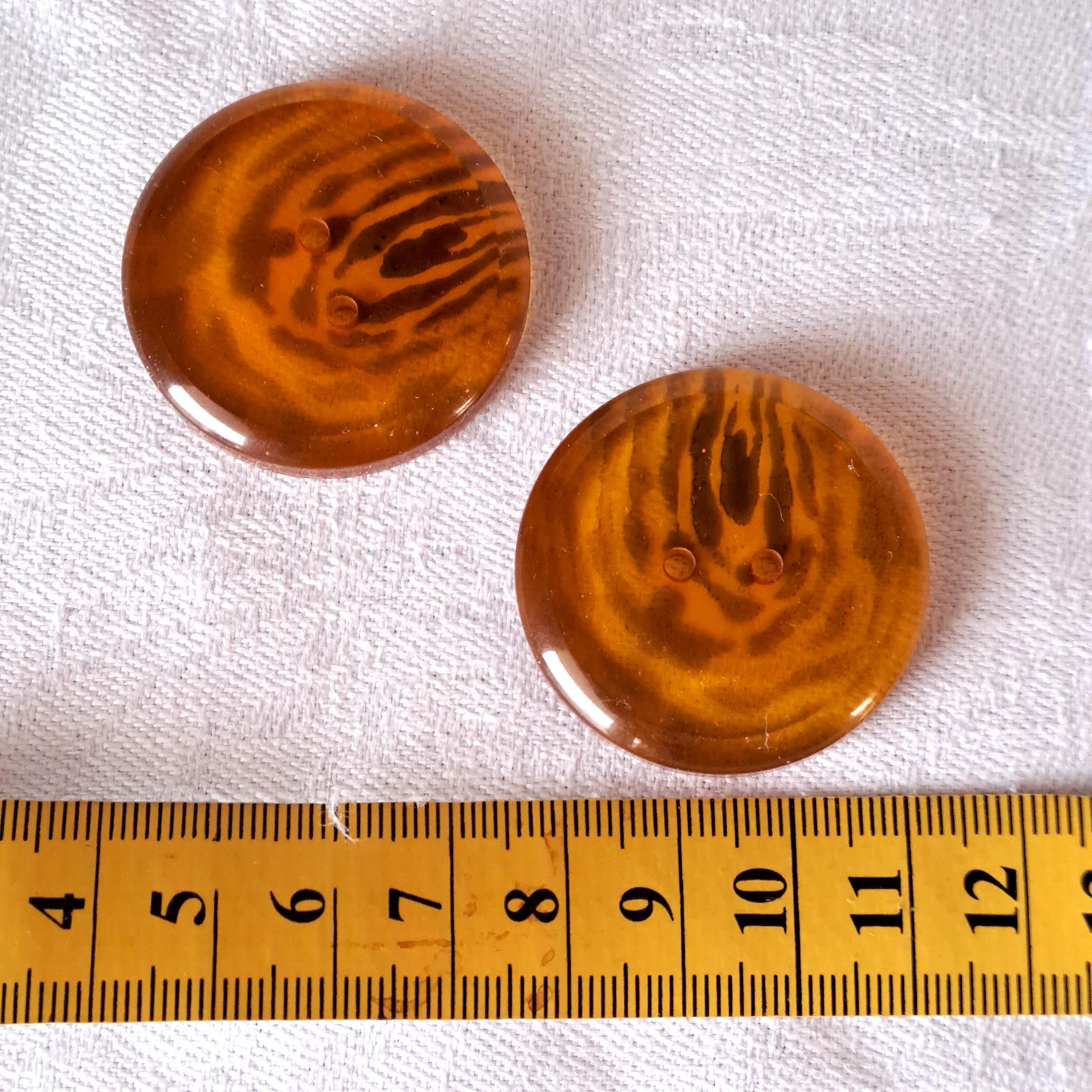 2 Large Vintage Lucite Buttons. Amber Coloured Reverse Painted. Tiger ...