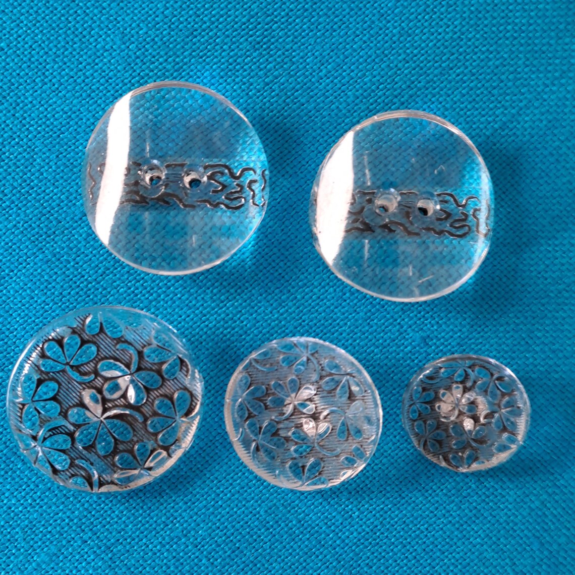 5 Vintage Clear Glass Buttons. 3 With Self Shanks in Different Sizes ...