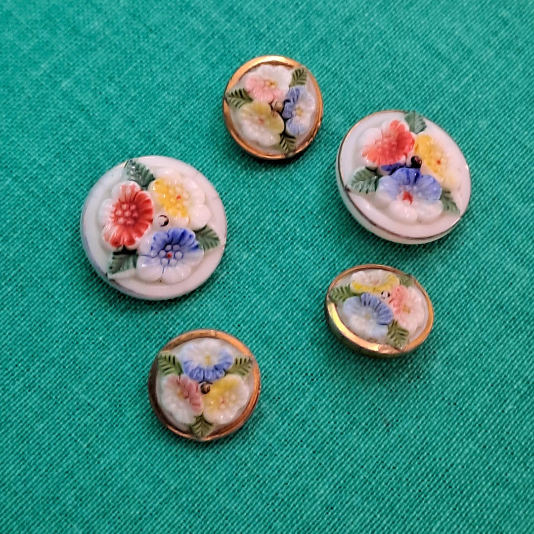 Set of 2+3 Painted Glass Buttons. Small Opaque Buttons. 1940's-50's ...