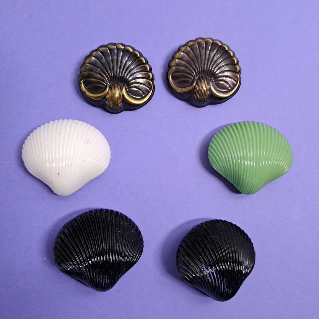 6 Metal and Glass Buttons. Sea Shell Design. 1950s. All Uneven Shaped ...