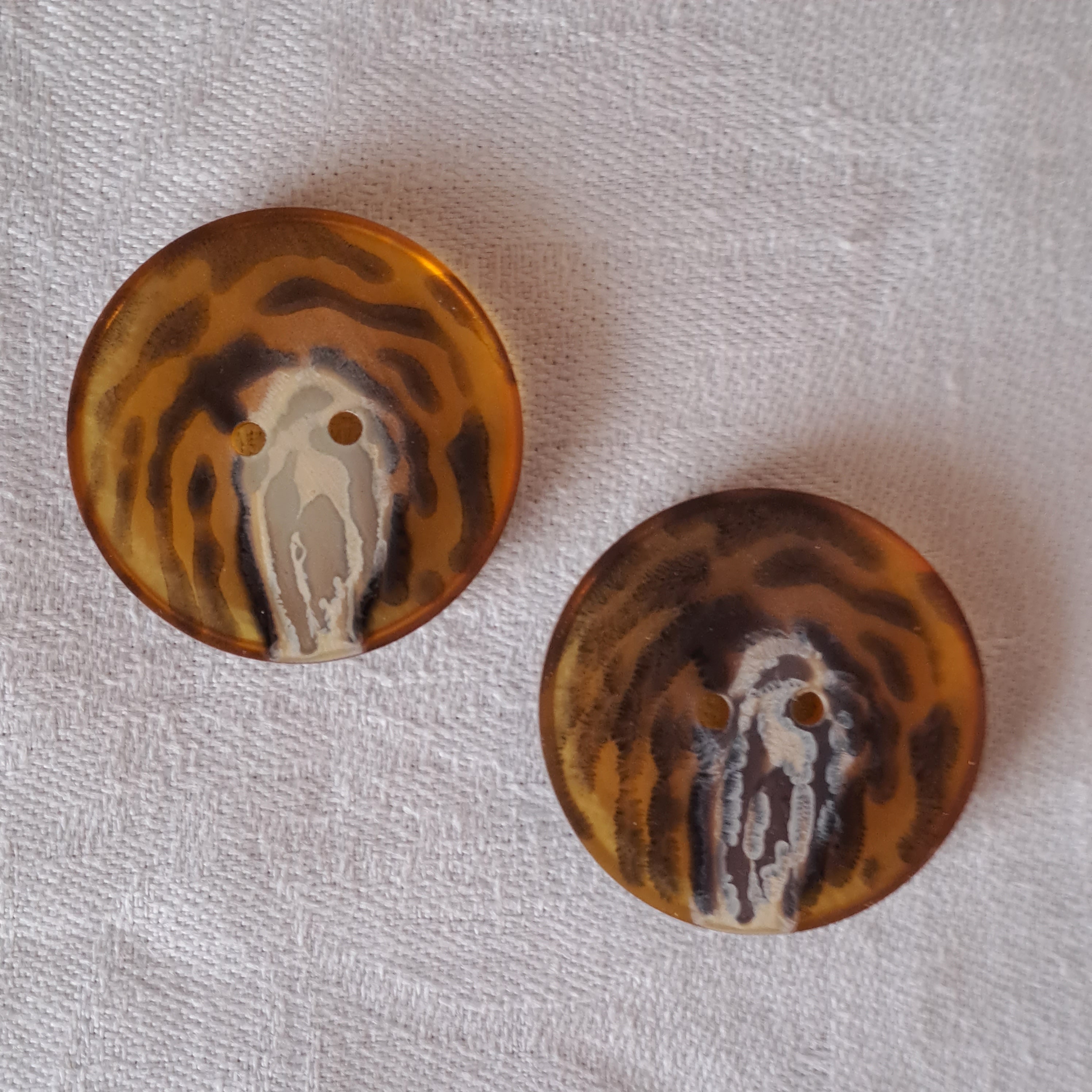 2 Large Vintage Reverse Painted Lucite Buttons. Amber Colour. Tiger ...