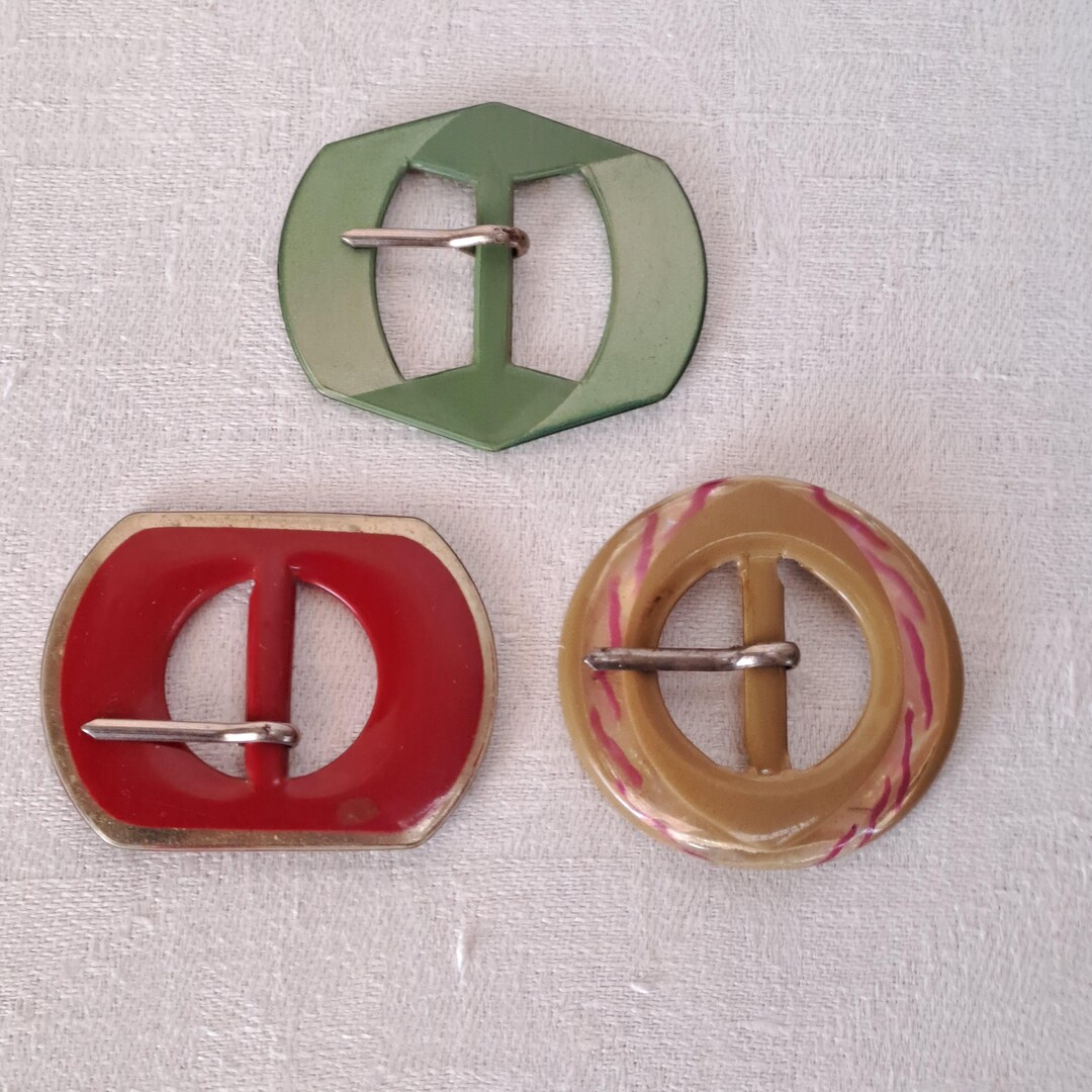 Vintage Celluloid Belt Buckles. Set of 3. Metal Hook on All. Different ...
