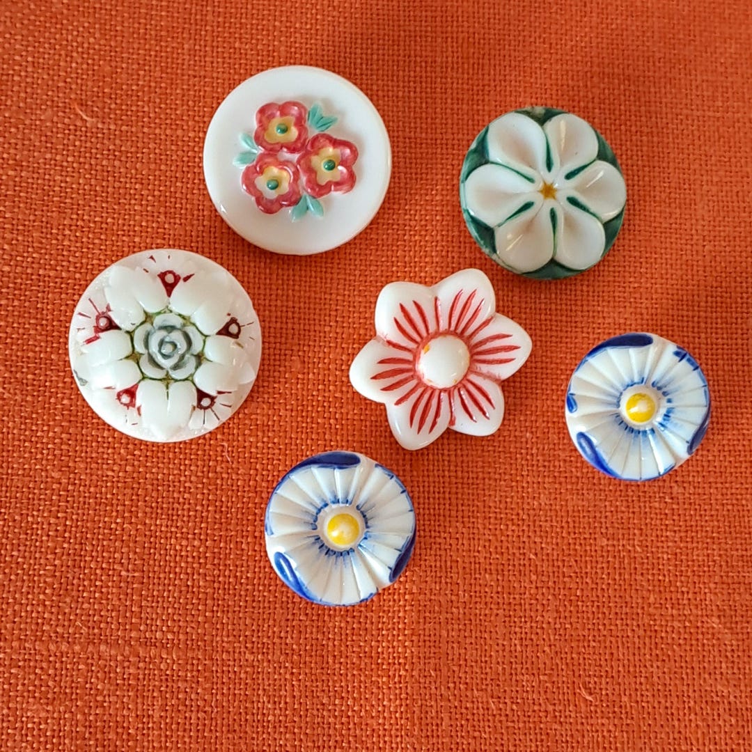 6 Painted Glass Buttons. White Opaque Buttons. Flower Set. Self Shanks ...