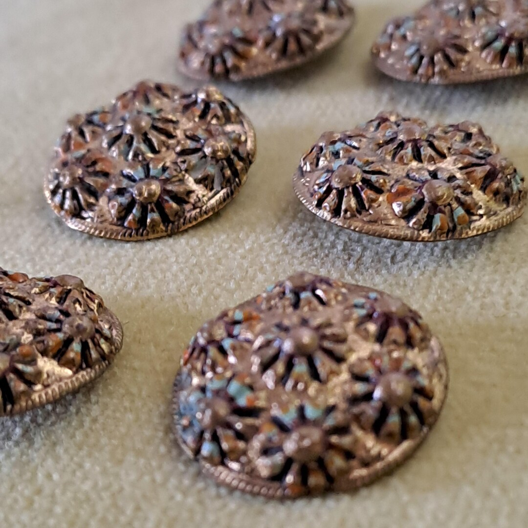 6 Metal Buttons. 3D Flower Pattern Covered Brass. Round Buttons in One ...