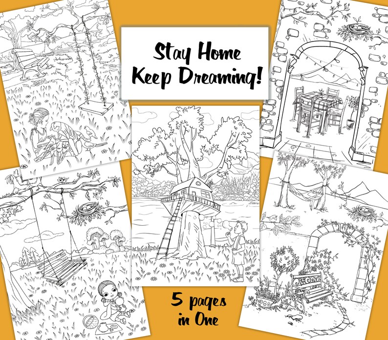 Garden Backyard Coloring Pages, 'stay Home Keep Dreaming' - Etsy