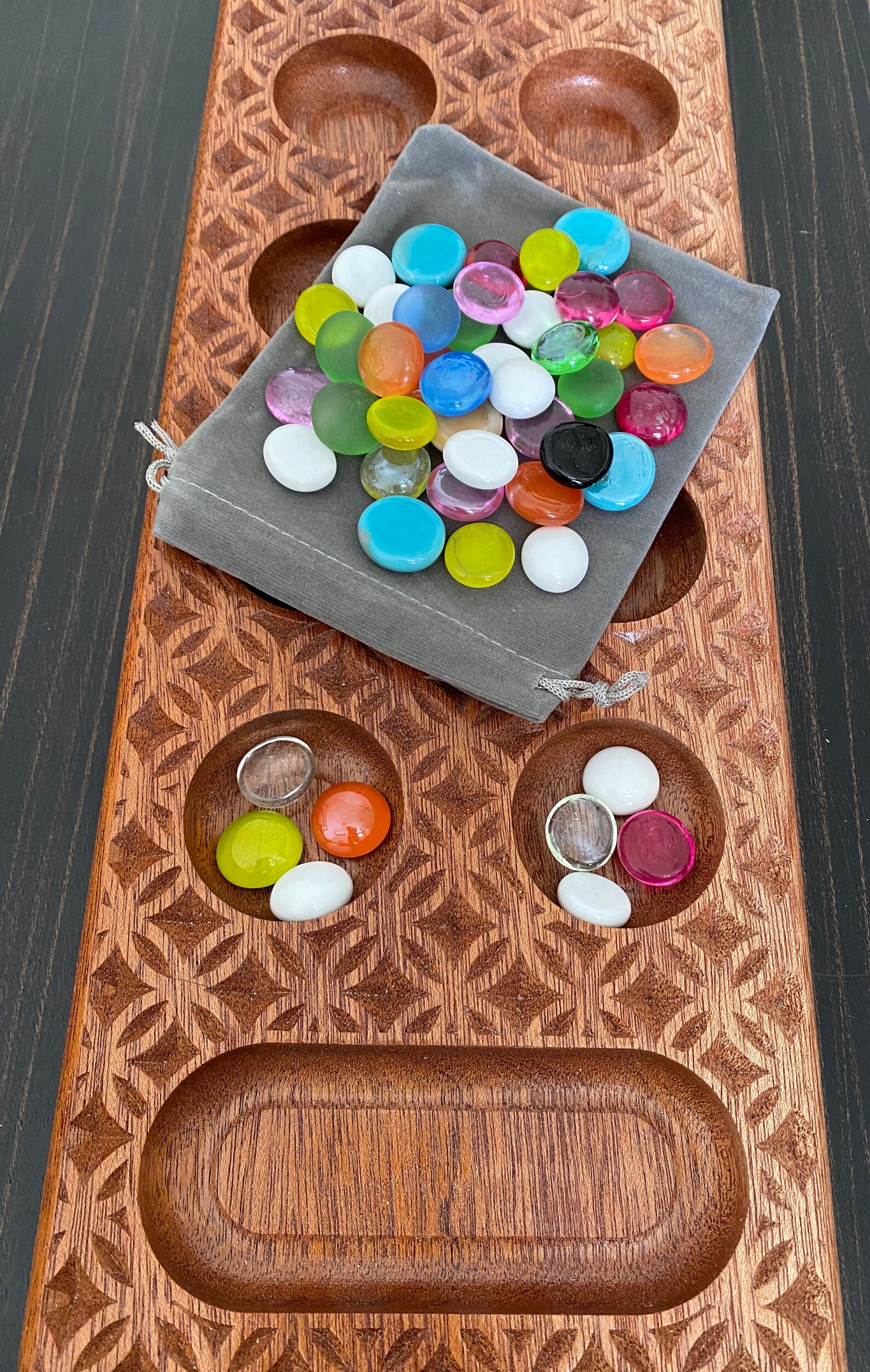 Solid Walnut or Mahogany MANCALA Board With Glass Stones | Etsy