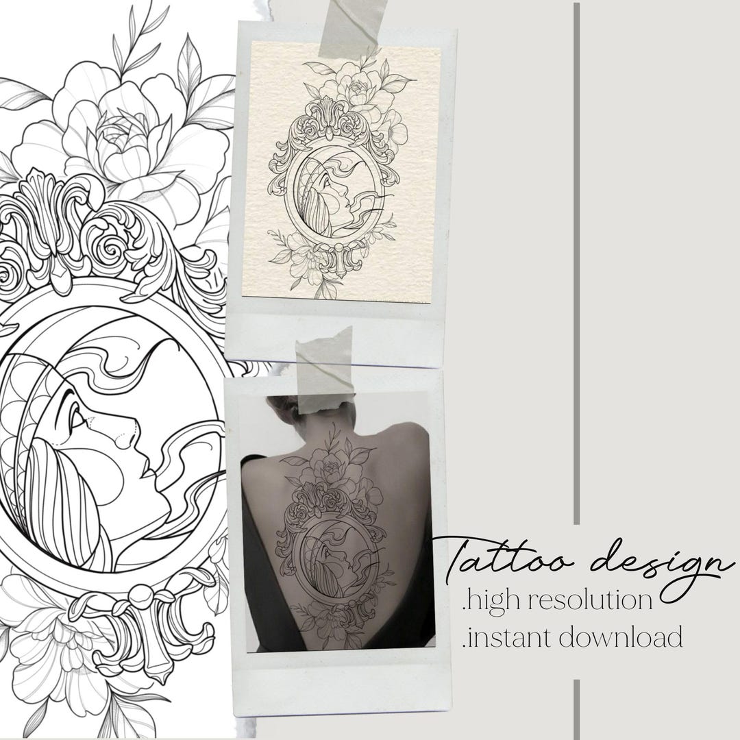 Neo Traditonal Girl in Frame With Fineline Flowers Tattoo Design ...