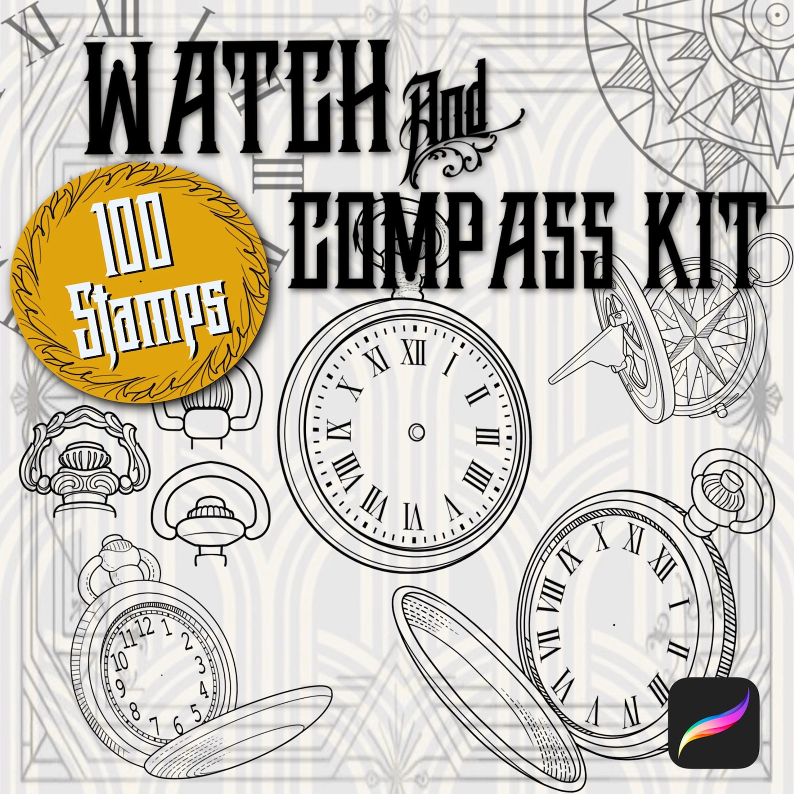 Watch and Compass Procreate Stamps | Tattoo and Art Design Kit (instant ...