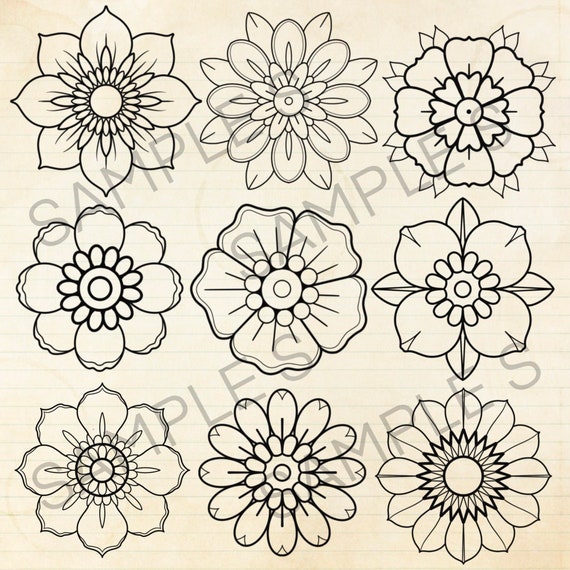 Traditional flower tattoo outline | Orangetattooshop.com