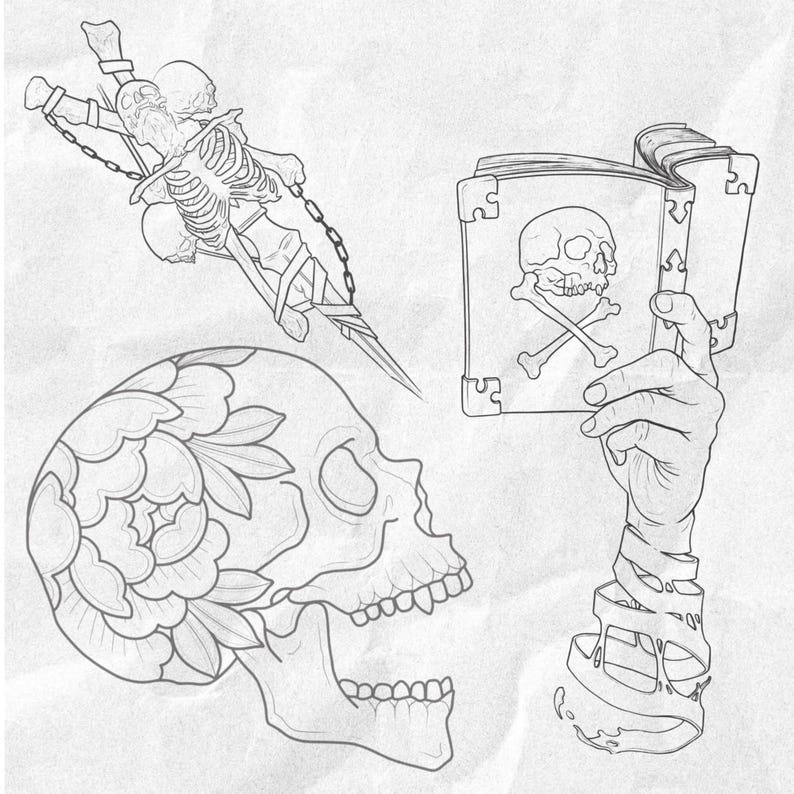 Blackwork Illustrative Tattoo Stamps 2026, Clean Linework for Use in ...