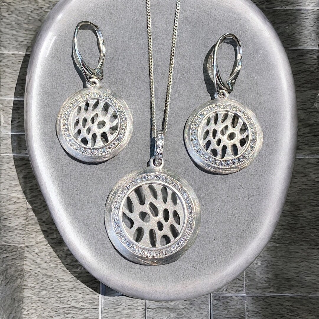 Round Coin White Topaz Cut Out Out Sterling Silver Earrings and Pendant ...