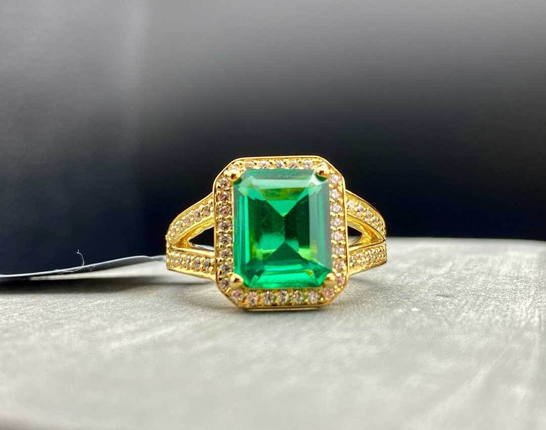 Natural Green Emerald Ring, Yellow Gold Silver Emerald Cut Ring With ...