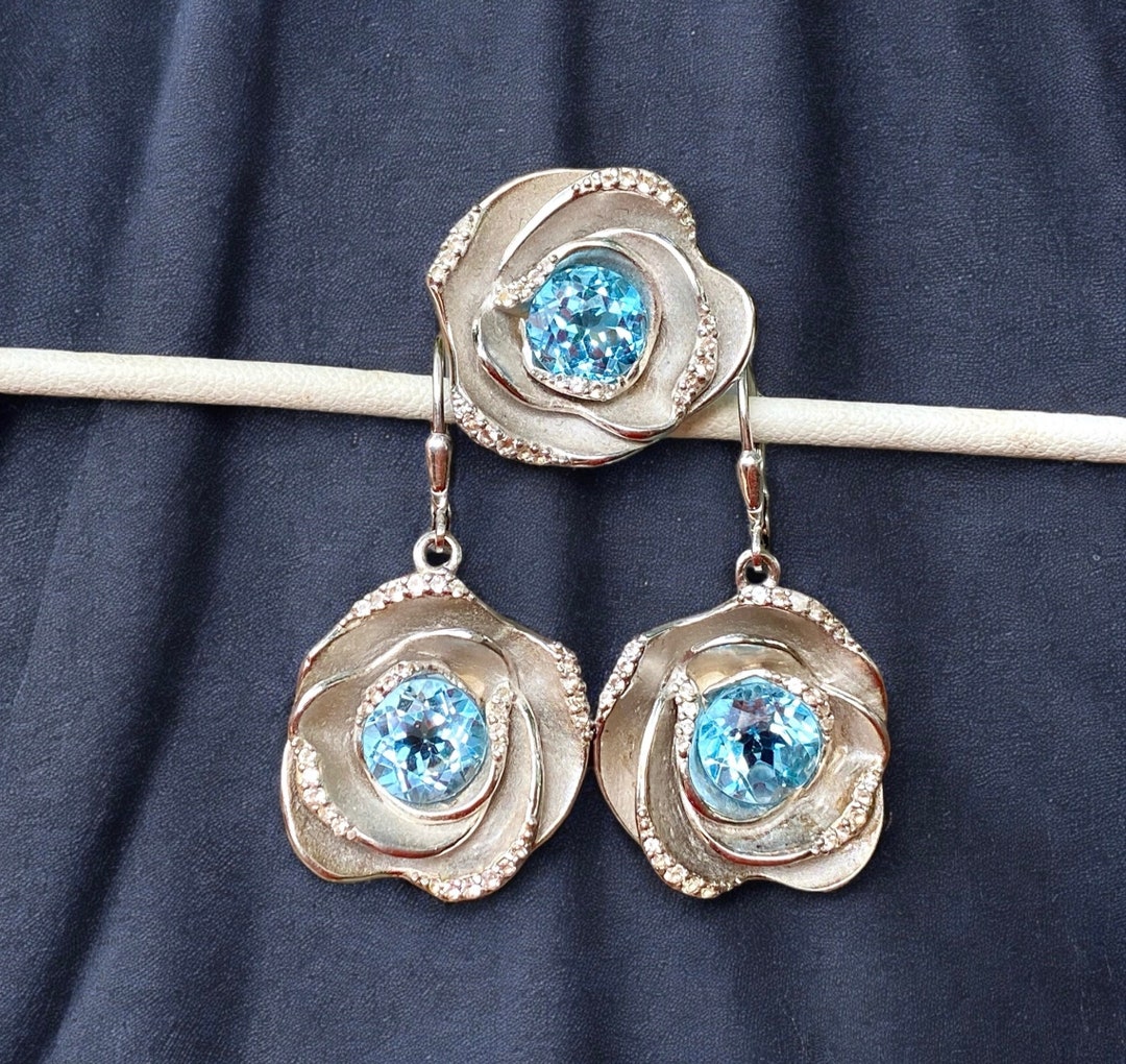 Blue Topaz Flower Ring and Earrings Set, Sterling Silver Jewelry - Etsy