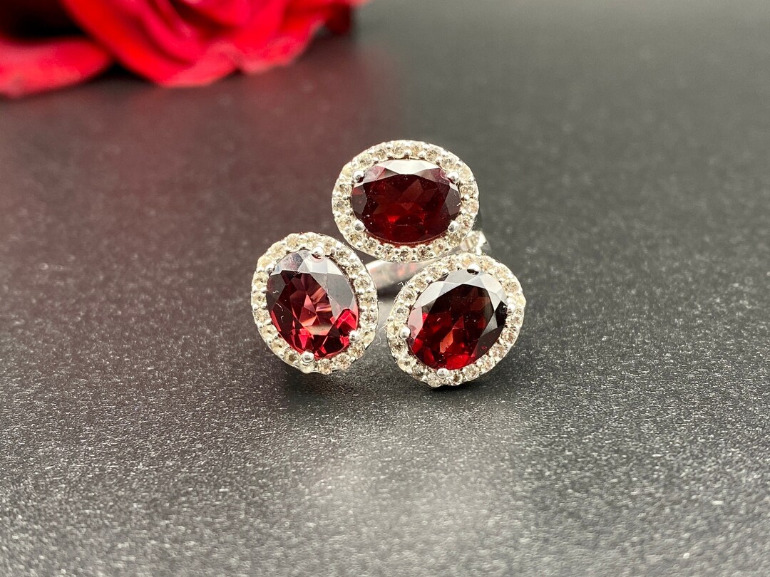 Red Garnet Cluster Ring With White Topazes, Adjustable Open Top Ring ...