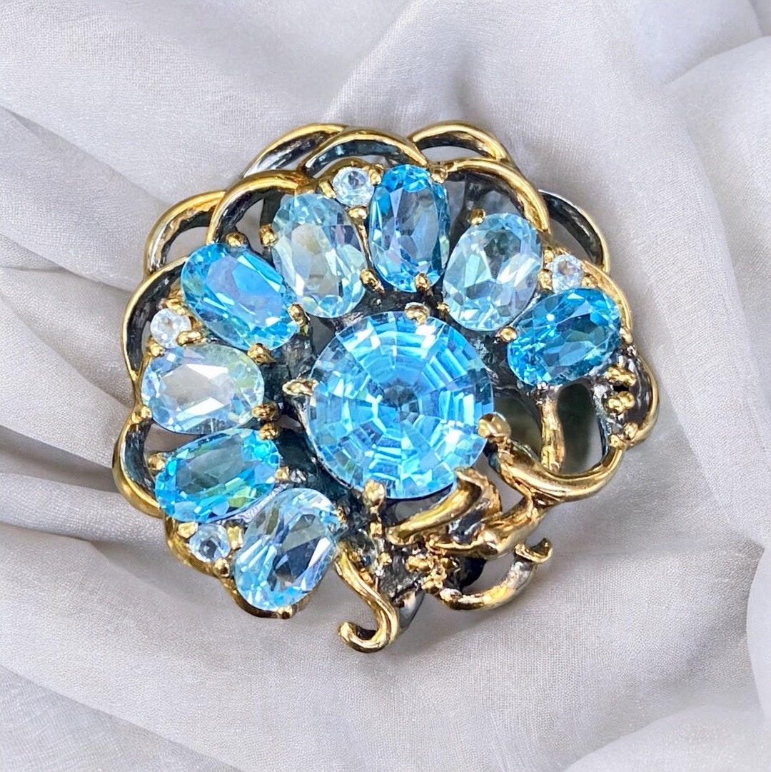 Large Flower Swirl Blue Topaz Cocktail Ring in Sterling Silver and ...