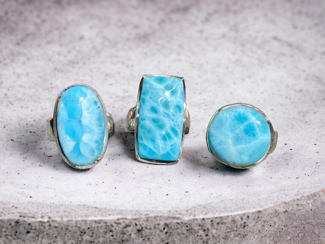 Natural Larimar Oval, Round, Rectangle Minimalist Unisex Ring for Men ...