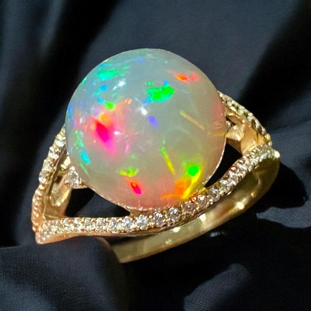 Natural Semi-black Rainbow Opal Ring, Round Ball Sphere East-west Ring ...