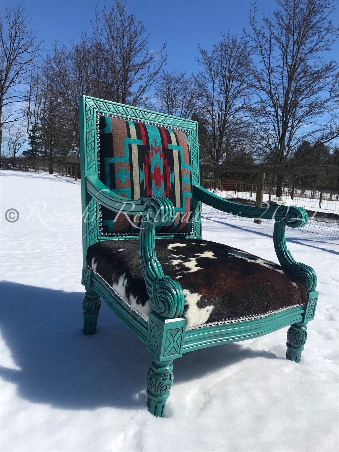 SOLD!!!! Refinished Turquoise Western Cowhide Chair - Etsy