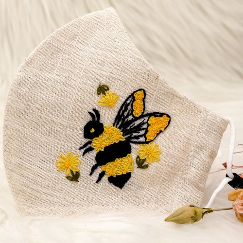 Hand Embroidered Linen Face Mask With Filter Pocket and Nose - Etsy Canada