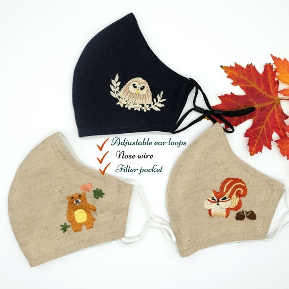 Cute face mask Unique animal face mask hand embroidered face | Etsy