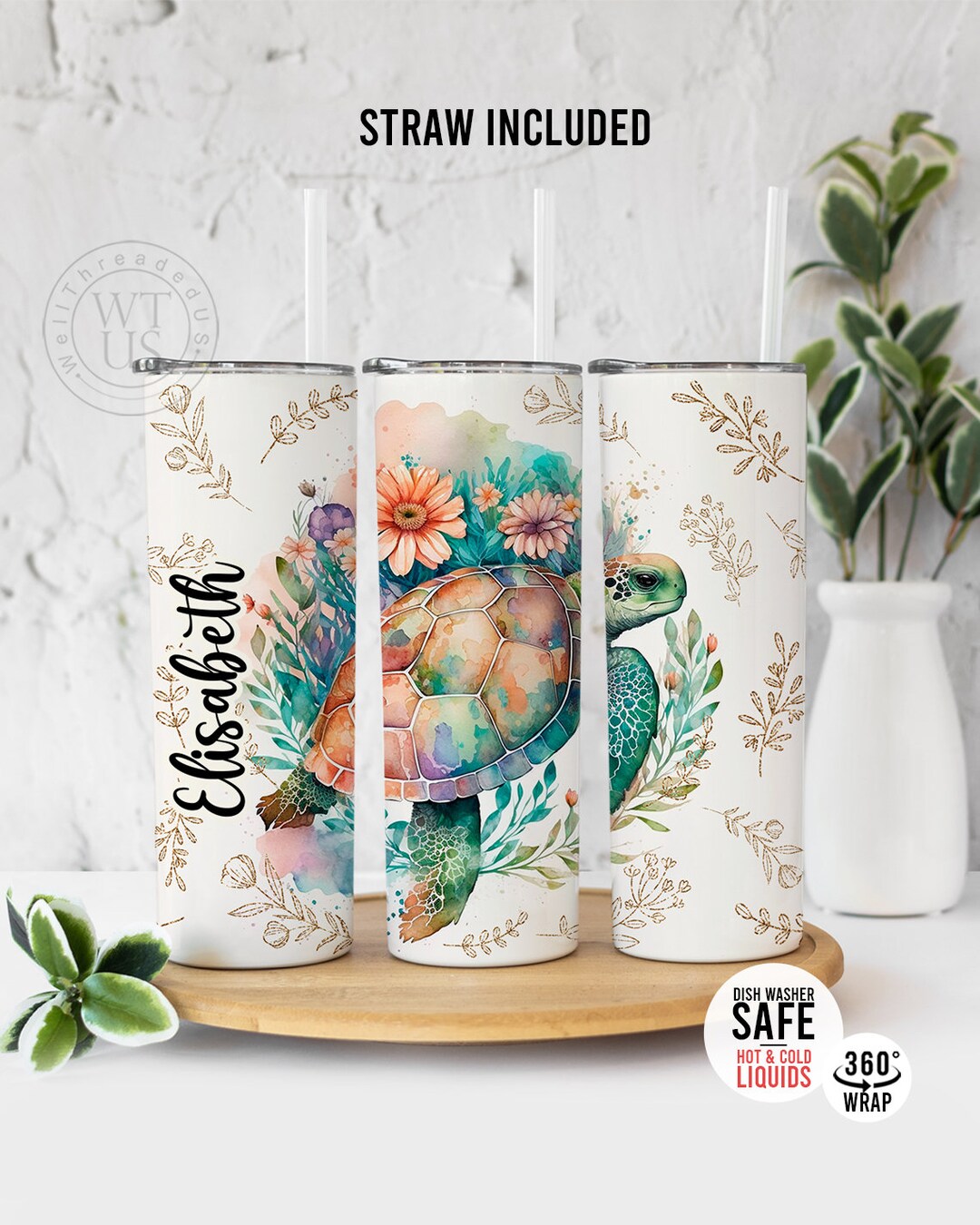 Cute Floral Turtle Tumbler Sea Turtle Tumbler Personalized Turtle ...