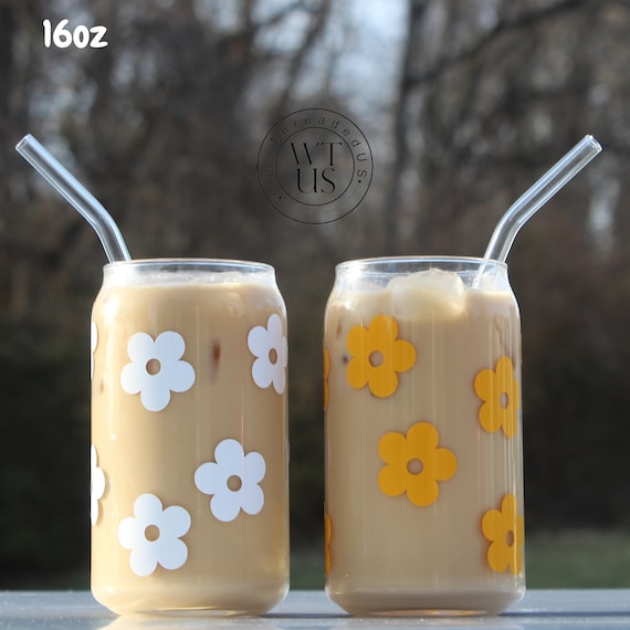 Retro Flower Glass Jar Daisy Coffee Glass Boho Beer Glass - Etsy