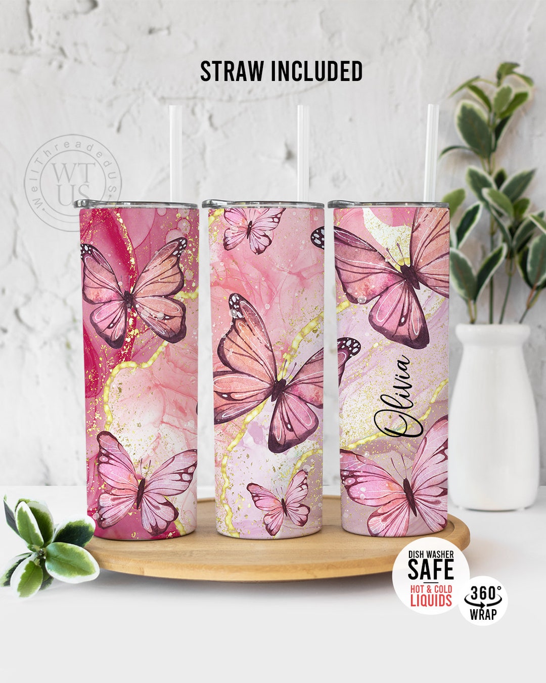 Custom Pink Butterfly Tumbler With Straw Colorful Butterfly Tumbler ...