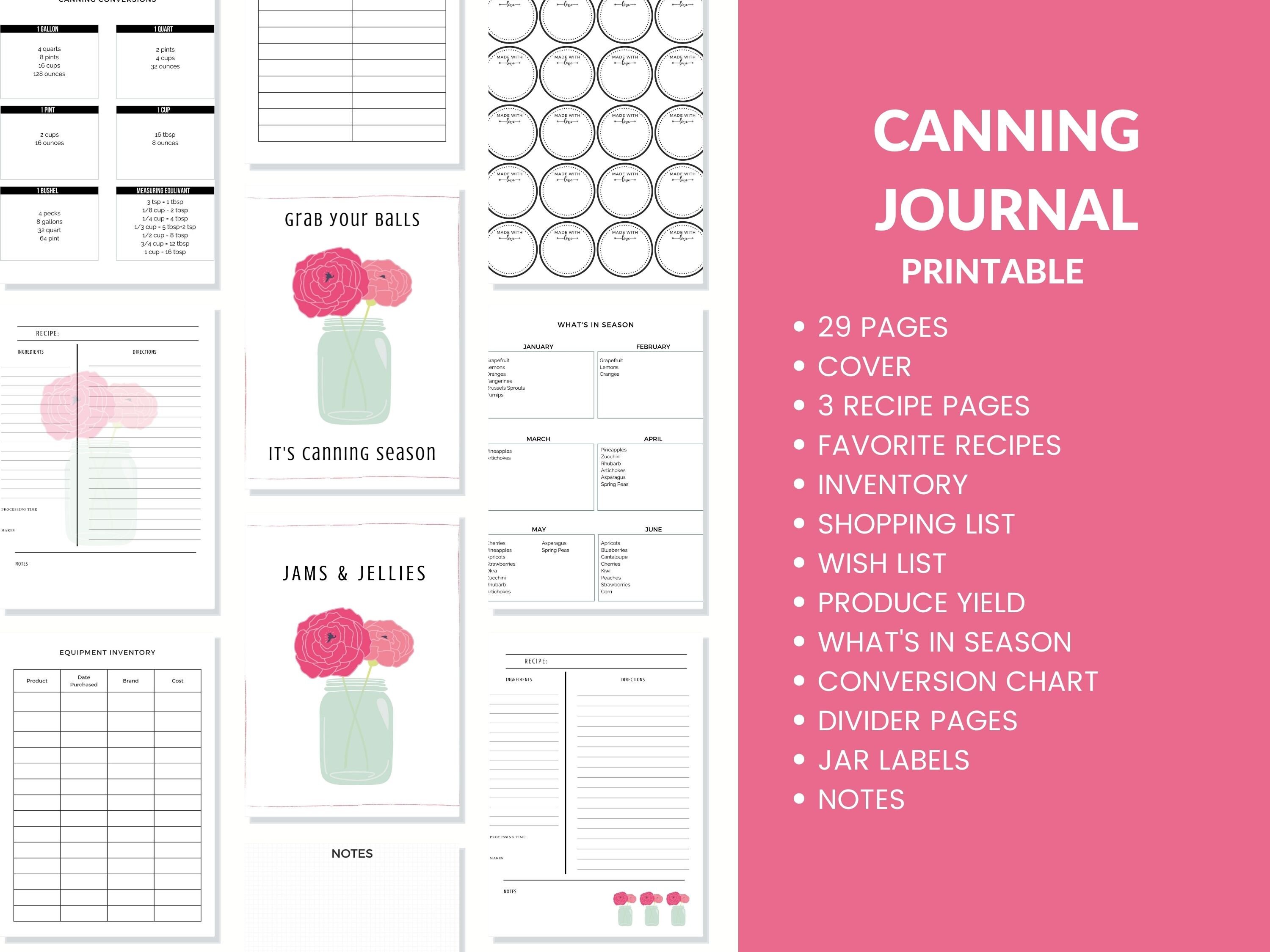 Canning Journal Printable Planner for Homesteaders, Canners Recipes 29 ...