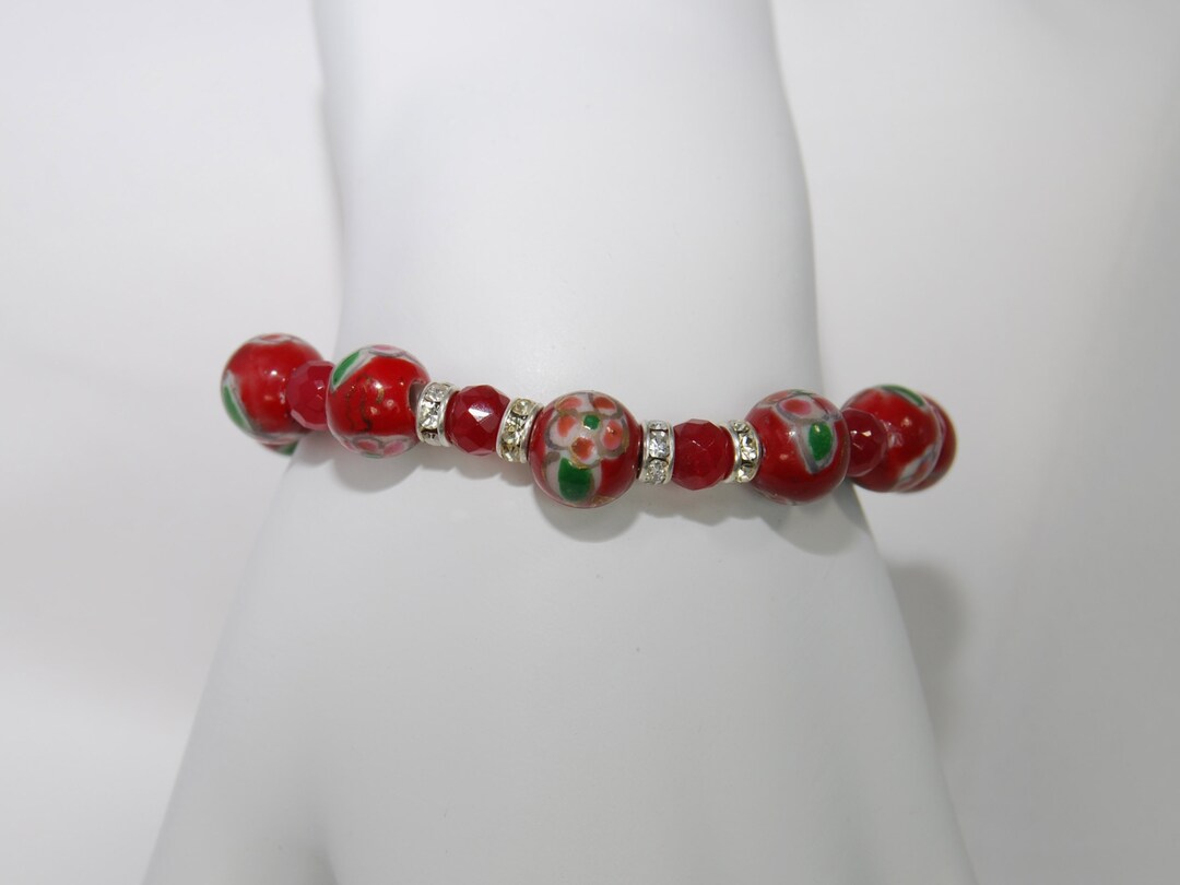 Red Floral Porcelain Bracelet Gold Accents Crystals Exquisite Detail ...