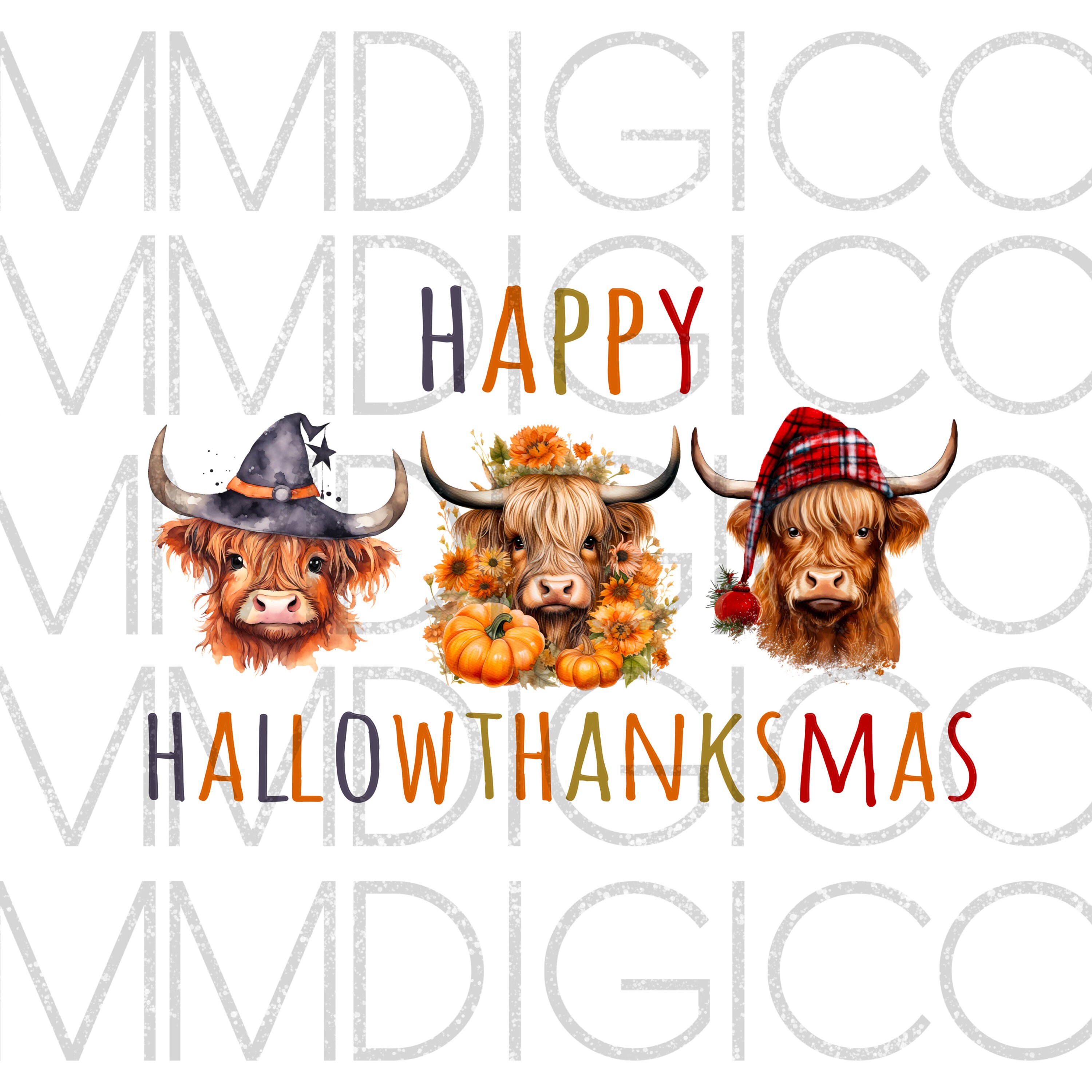 Happy Hallow Thanksmas Png, Funny Highland Cows PNG, Holiday Clipart ...