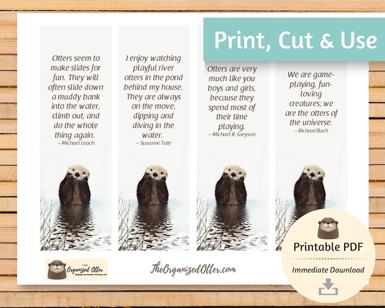 Printable Otter Bookmarks With Quotes, Bookmarks for Book Lovers ...