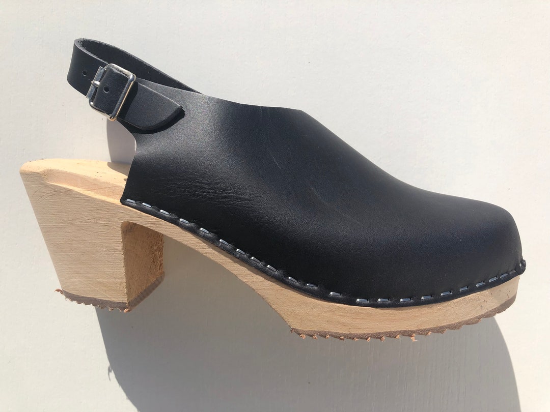Midnight Blue Leather Swedish Clogs, Wooden Sole, With Flange, Dark ...