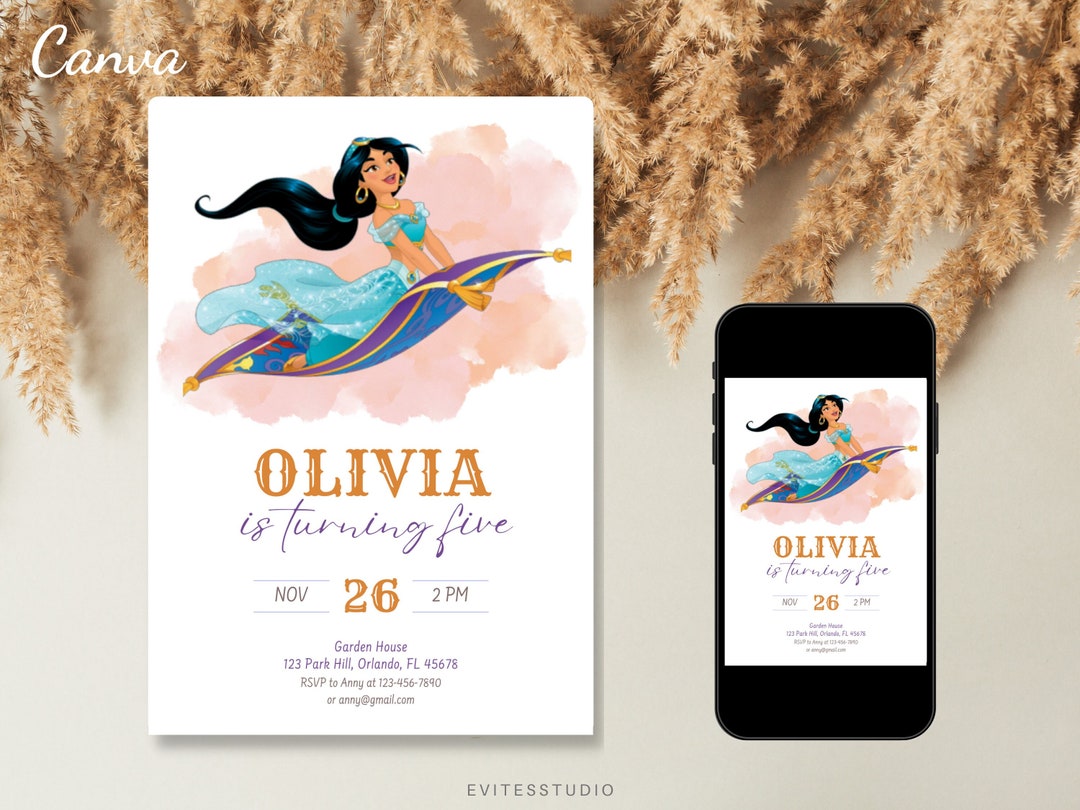 Princess Jasmine Birthday Invitation Template, Editable Digital ...