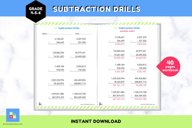 5th Grade Math Subtraction Drills 20 Printable Worksheets - Etsy
