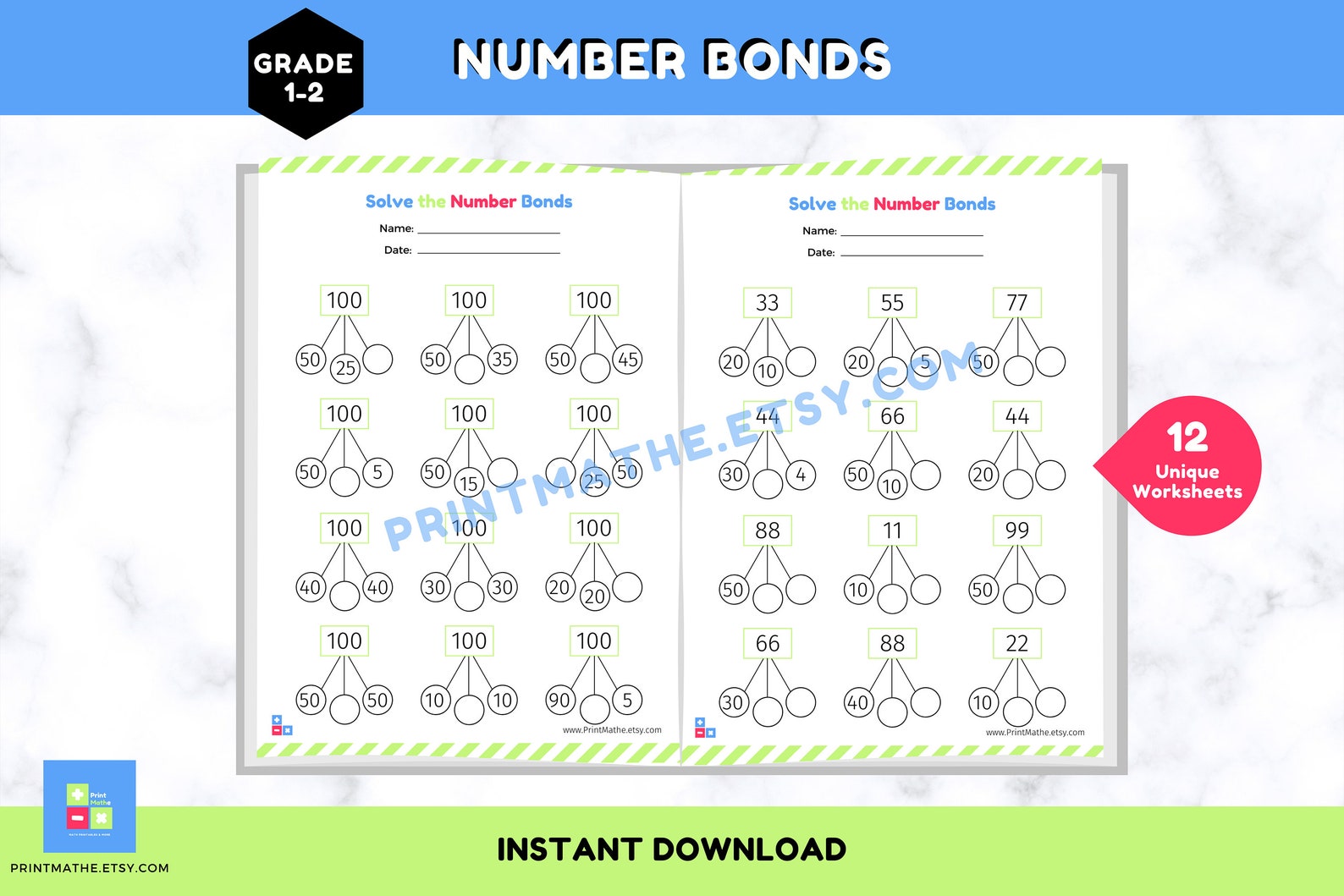 Solve the Number Bonds Printable Math Sheets for 1st Grade - Etsy