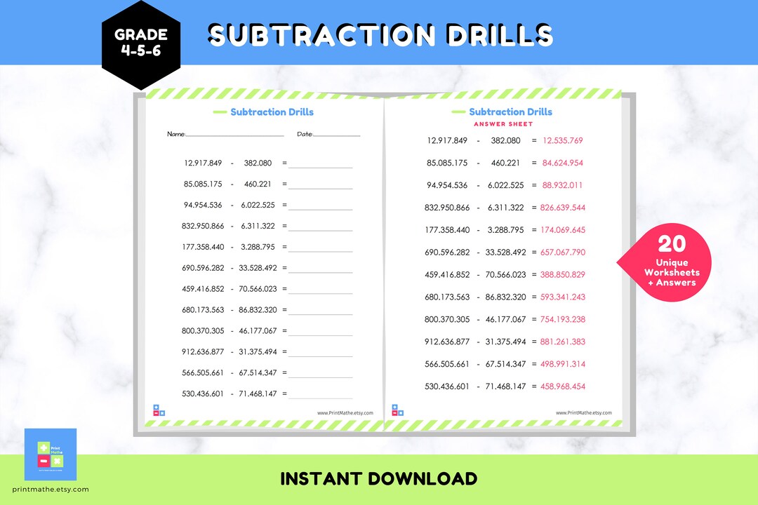5th Grade Math - Subtraction Drills 20 Printable Worksheets - Answers ...