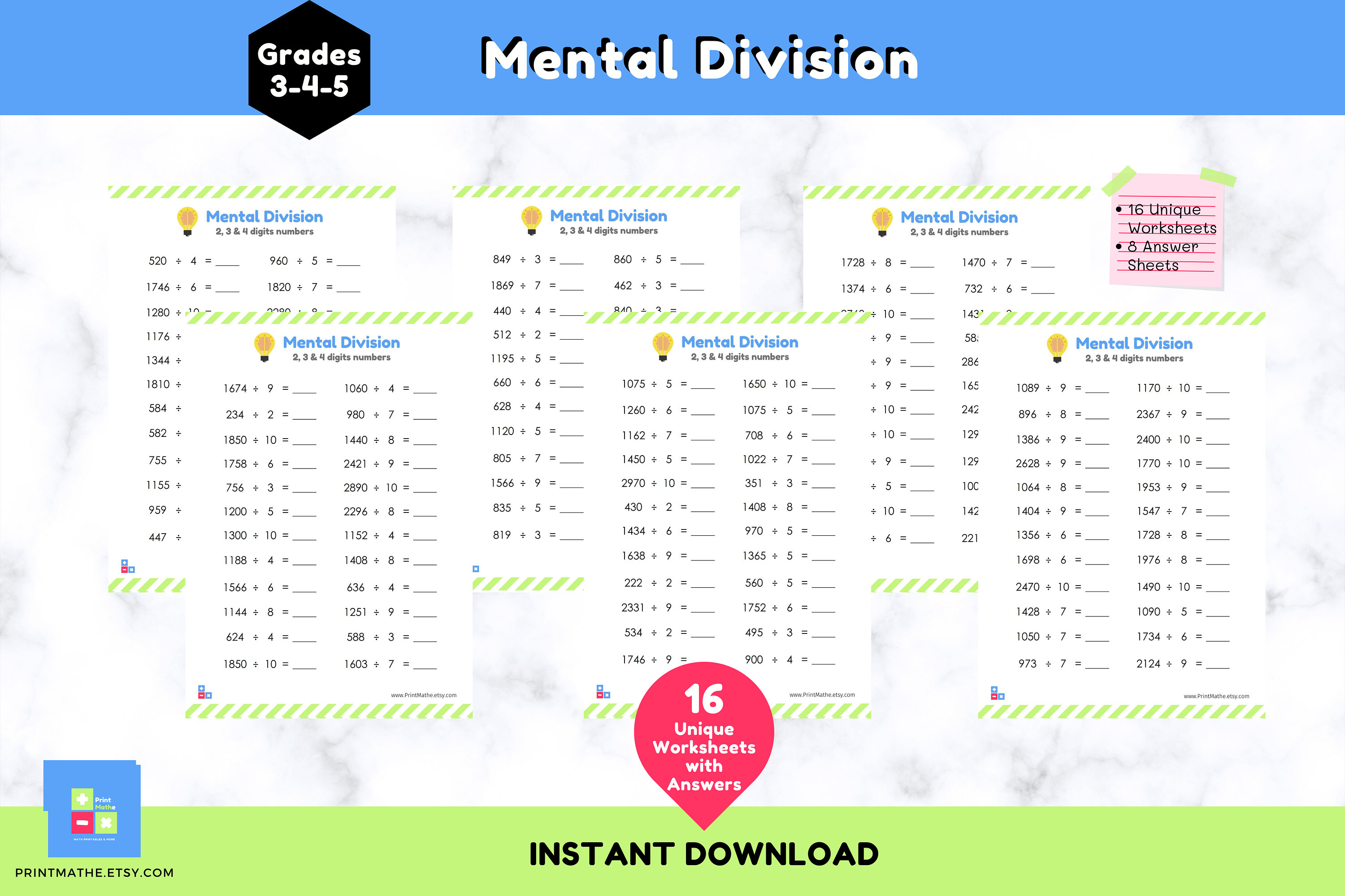 Mental Division Printable Workbook 3 or 4 Digit Numbers - Etsy
