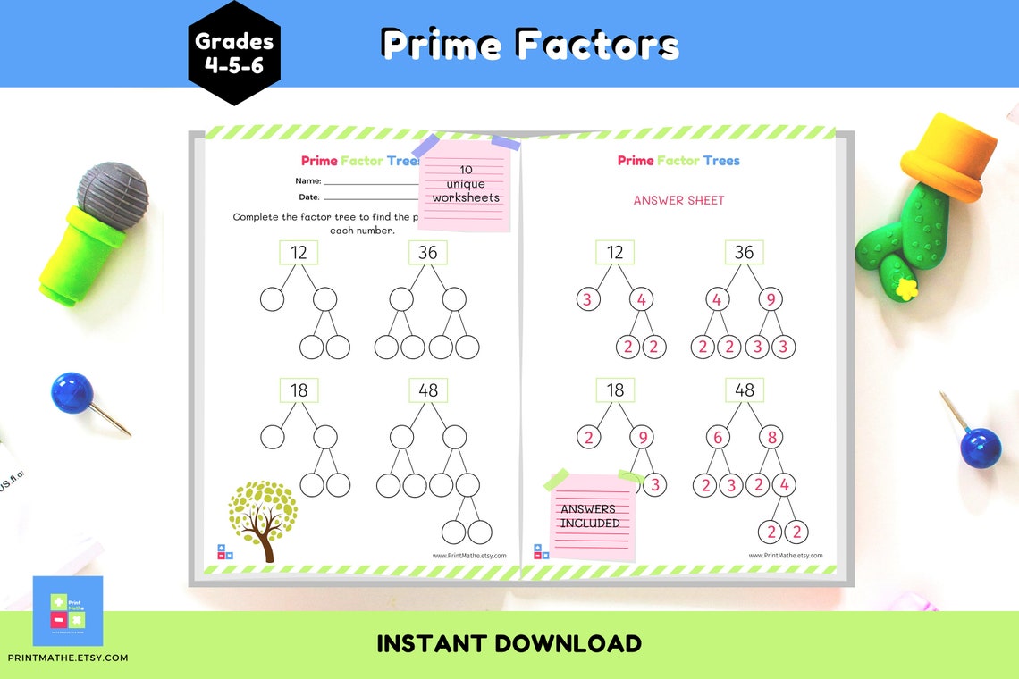 Prime Number Trees Division Practice Printable Worksheets - Etsy