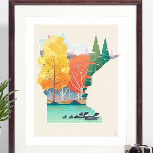 Minnesota State With Fall Colors and Loons on the Lake. | Etsy