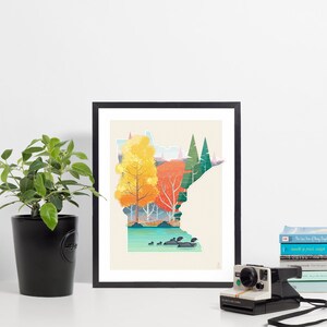 Minnesota State With Fall Colors and Loons on the Lake. Stylized Nature ...