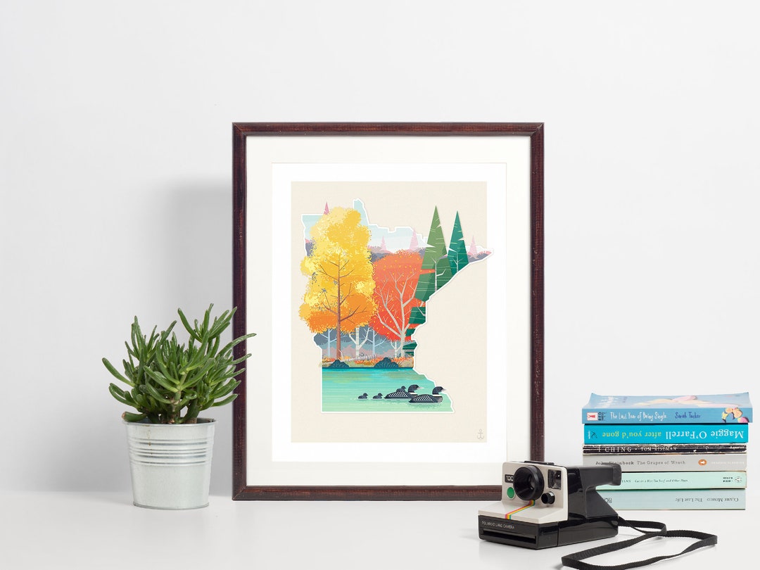 Minnesota State With Fall Colors and Loons on the Lake. Stylized Nature ...