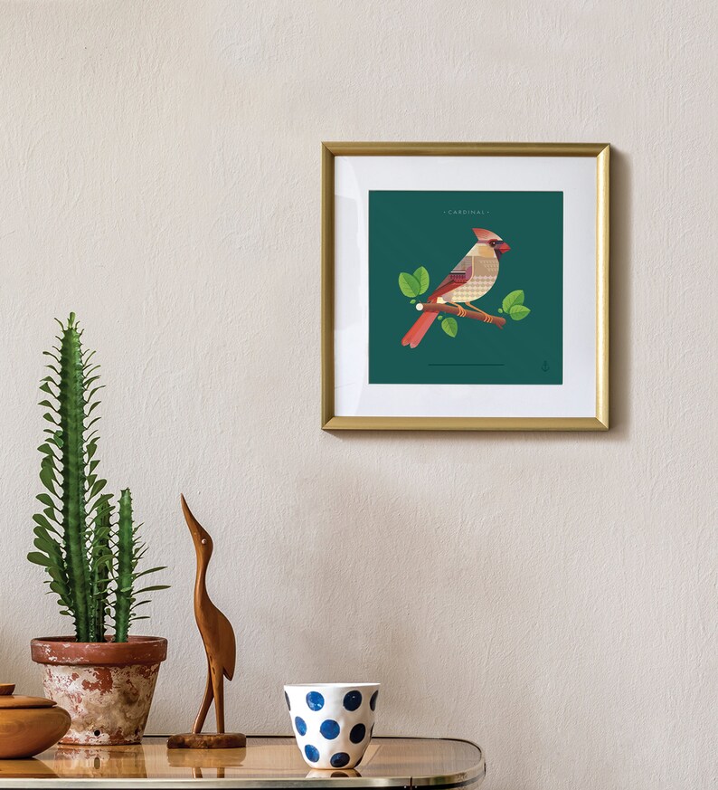 Cardinal female Art Deco Inspired Bird Art Print. - Etsy
