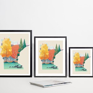 Minnesota State With Fall Colors and Loons on the Lake. Stylized Nature ...