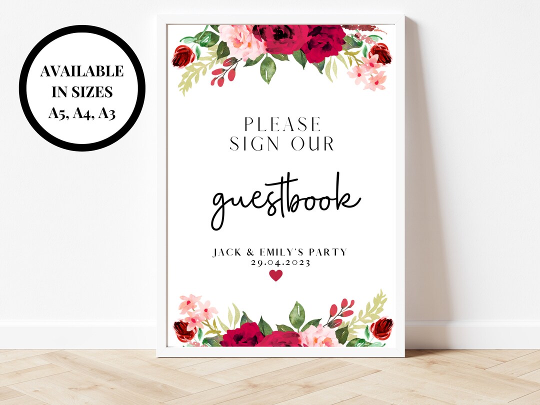 Personalised Red Floral Please Sign Our Guestbook Sign/ Red Roses ...