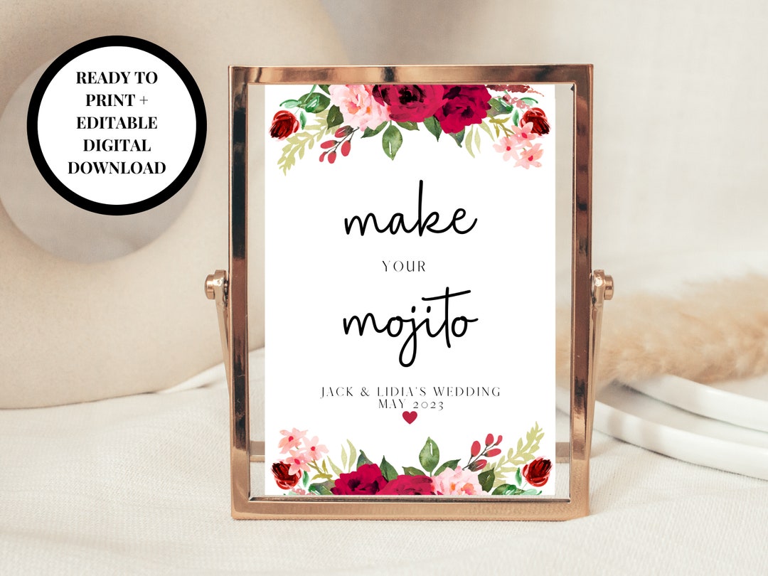 Editable Make Your Mojito Sign/ Red Floral Wedding Reception Party ...