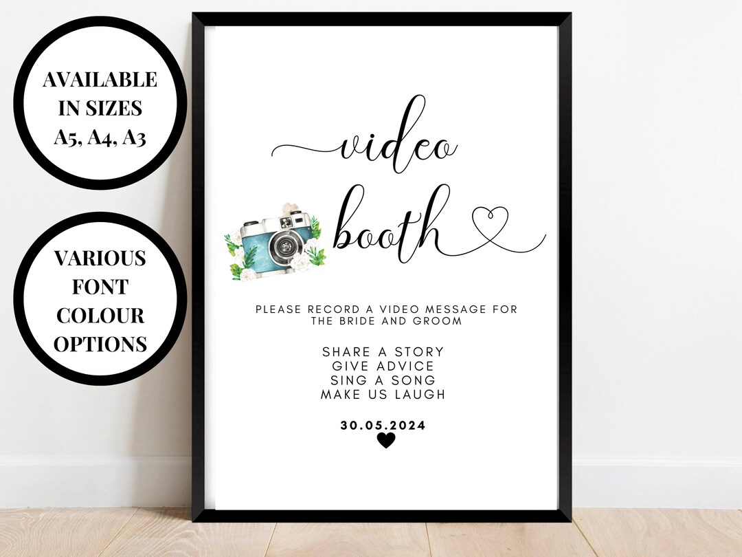 Video Booth Sign/ 24 Text Colour Options/ Match Your Party Scheme ...