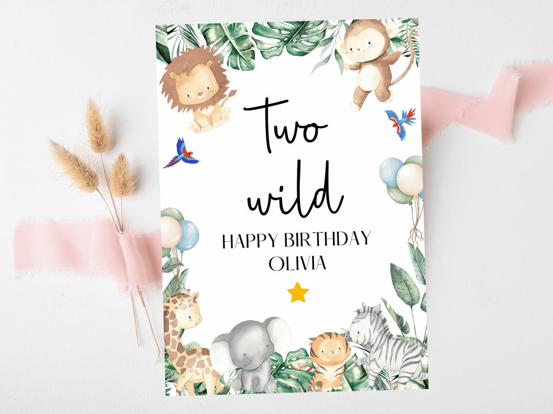 Two Wild 2nd Birthday Party Card/ Safari Theme Happy Birthday Greetings ...