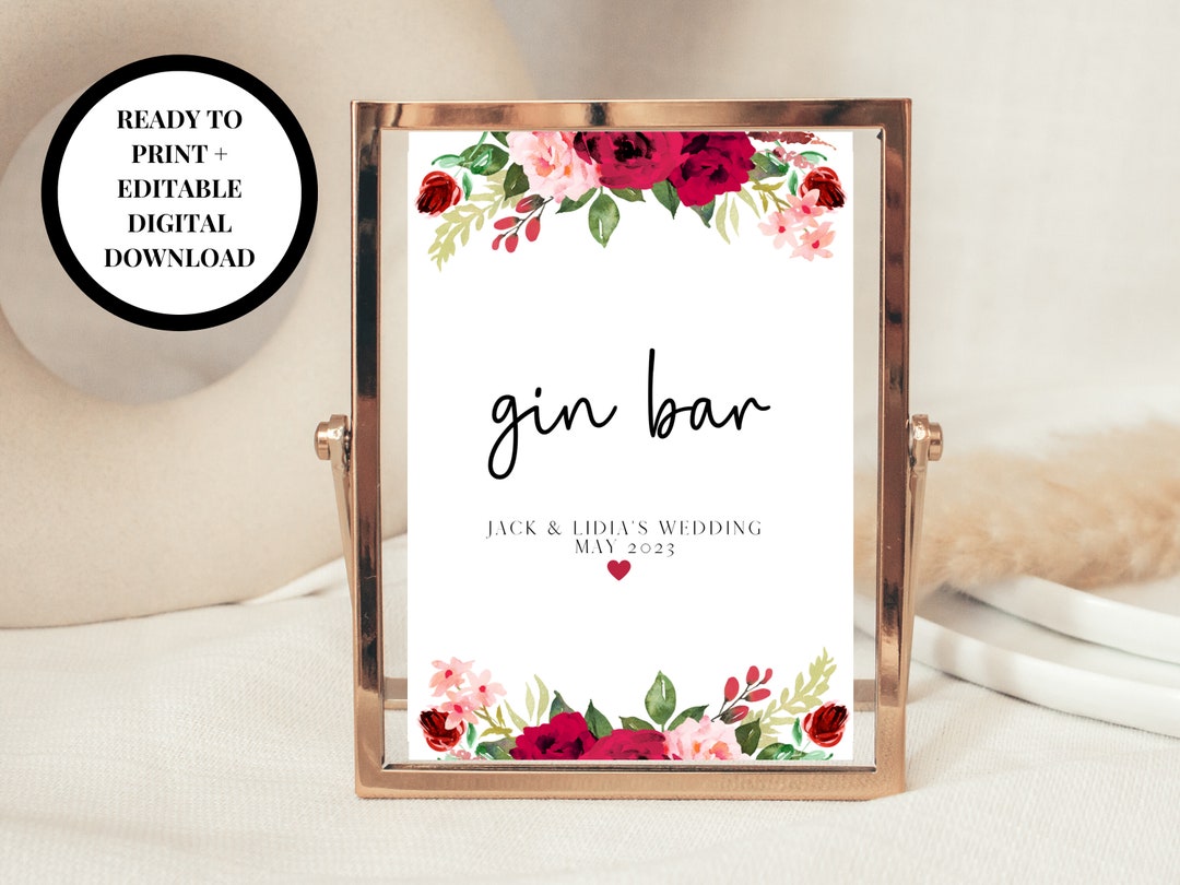 Editable Gin Bar Sign/ Red Floral Wedding Reception Drinks Bar Cocktail ...
