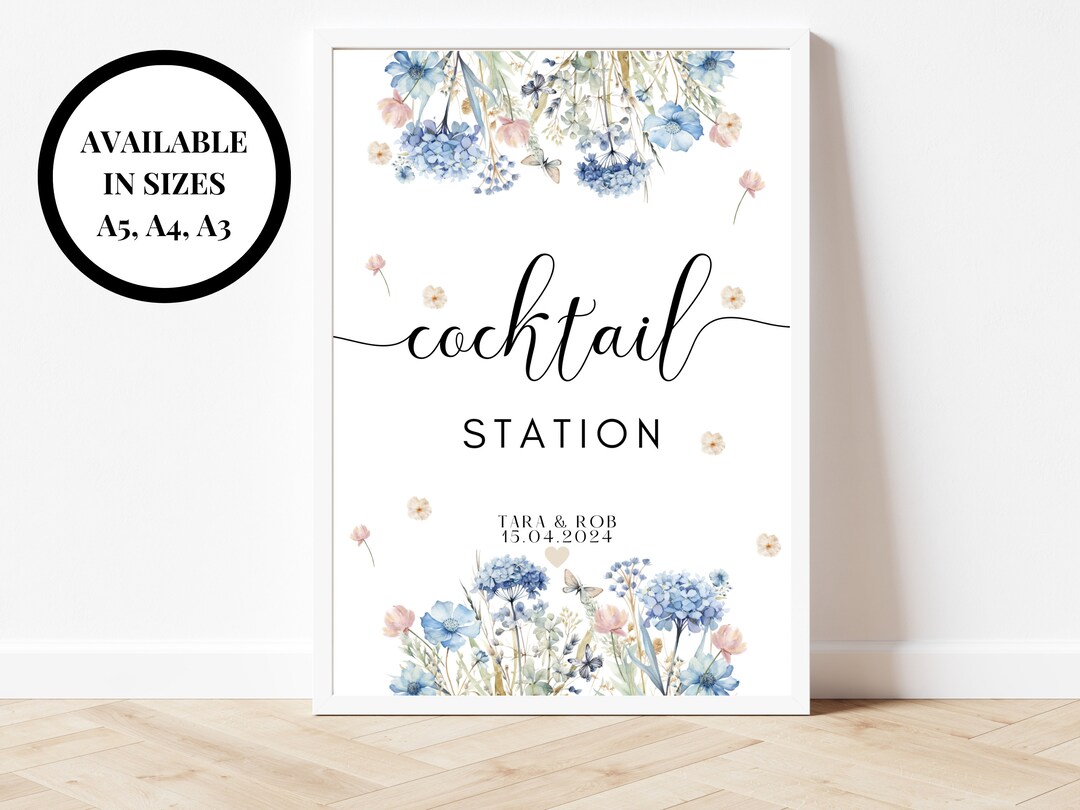 Cocktail Station Sign/ Personalised Blue Theme Wedding Reception Drinks ...