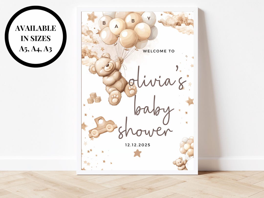 Baby Shower Welcome Sign/ Personalised Gender Reveal Neutral Bear Baby ...